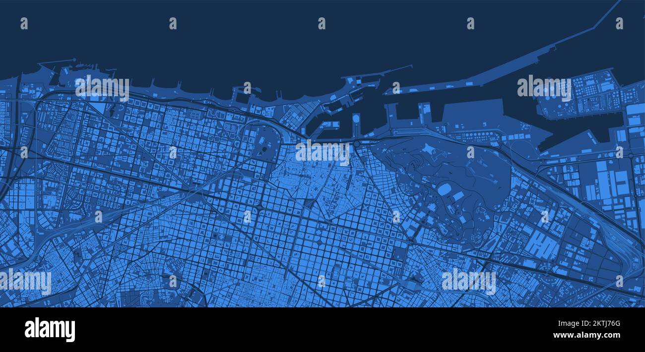 Detailed blue vector map poster of Barcelona city administrative area ...