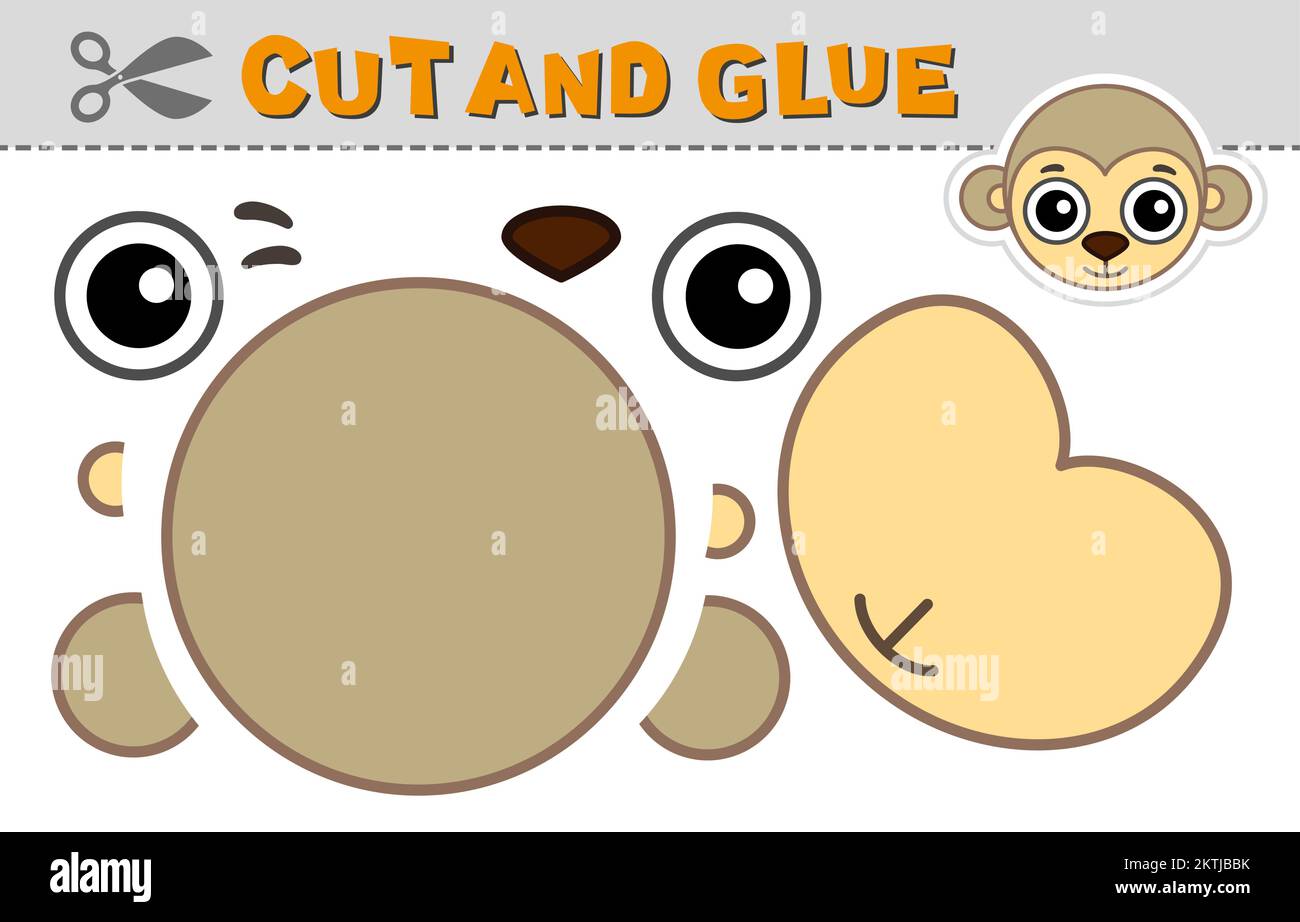 Cut out and glue a monkey head. Vector illustration. Paper applique for ...
