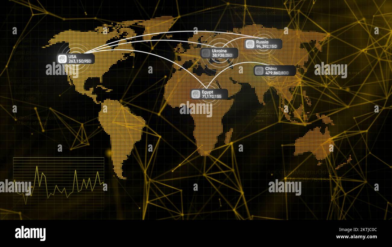 Graphic map of world with changing numbers. Motion. 3D world map with ...