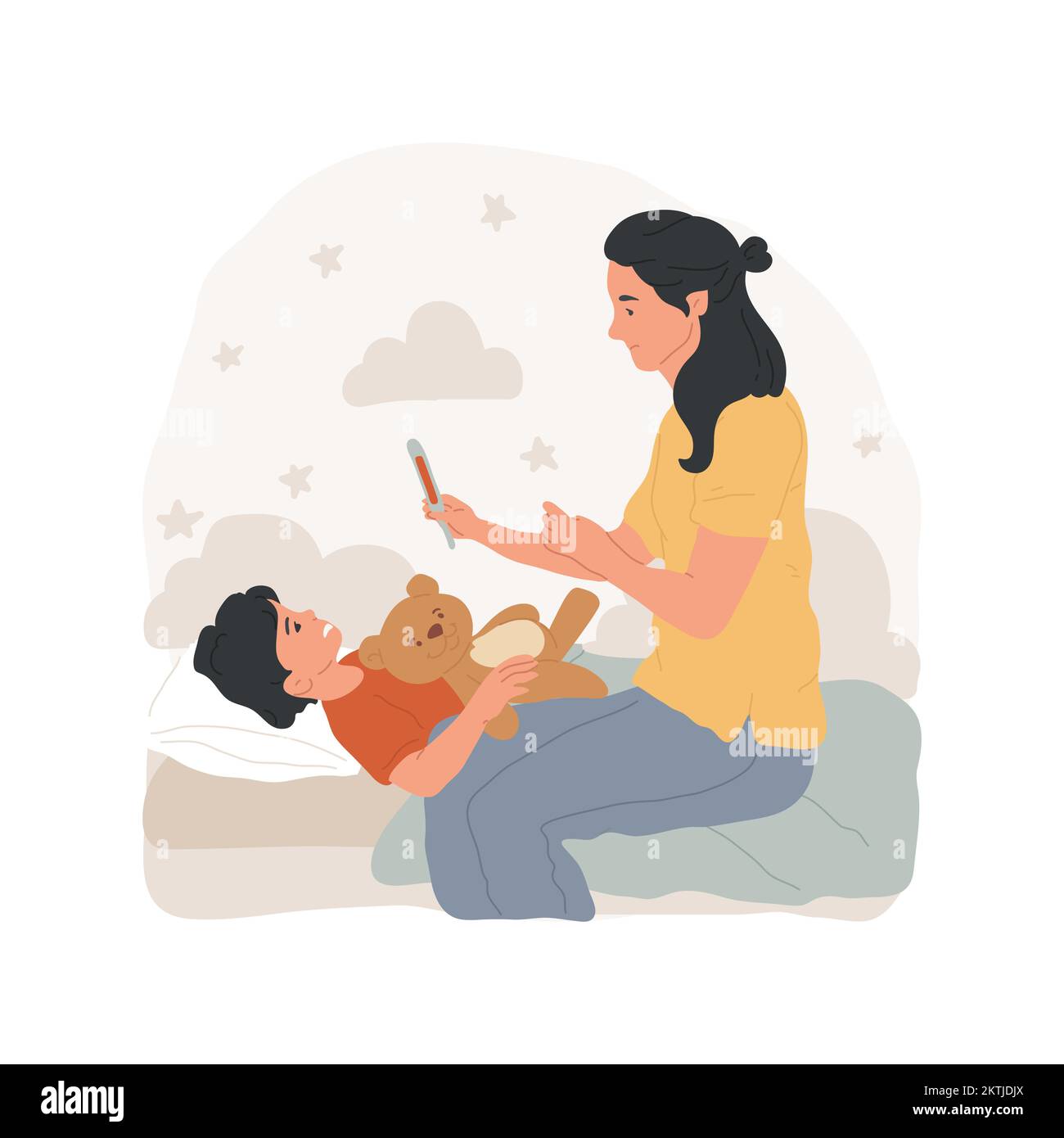 Temperature measurement isolated cartoon vector illustration. Mom measures kids fever, toddler ...