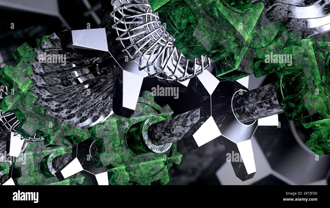 Green background. Motion.Various iron objects of the mechanism in the ...