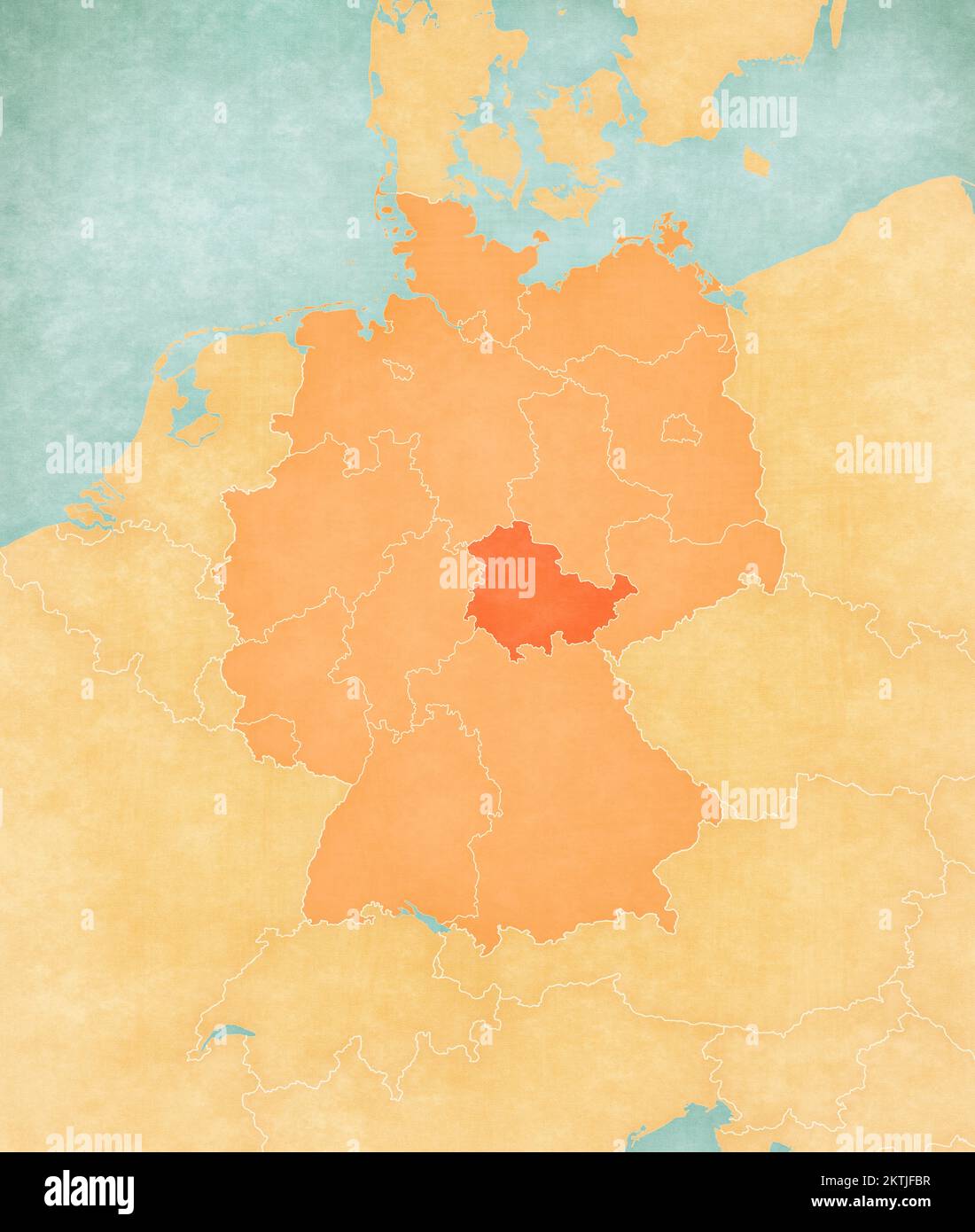 Thuringia on the map of Germany (tan color) in soft grunge and vintage ...