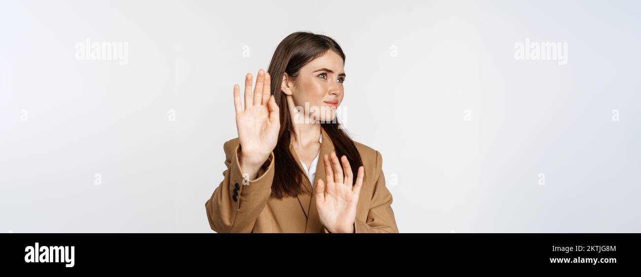 Embarrassed woman turn away from something disgusting, refusing ...