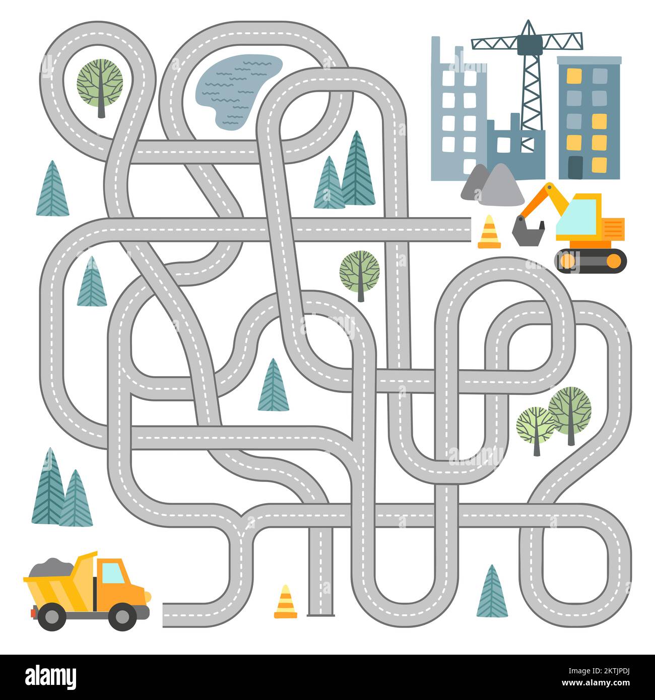 Maze game with vehicles and tangled road. Help the truck to reach the ...