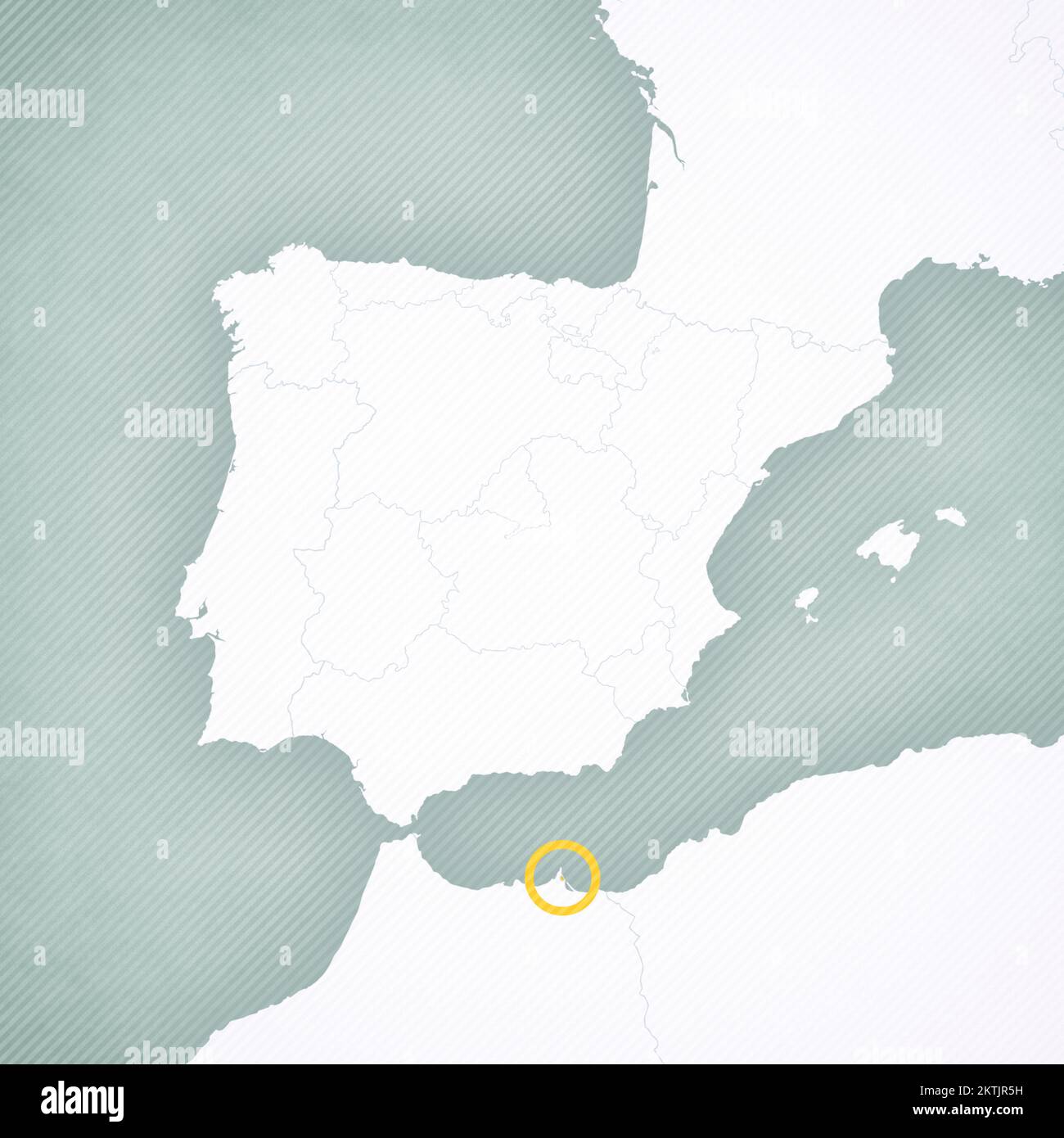 Mellila on the map of Iberian Peninsula with softly striped vintage ...