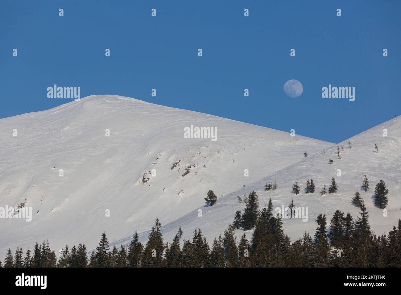 Fantastic evening winter landscape. Dramatic sky with fool moon. Snowy ...