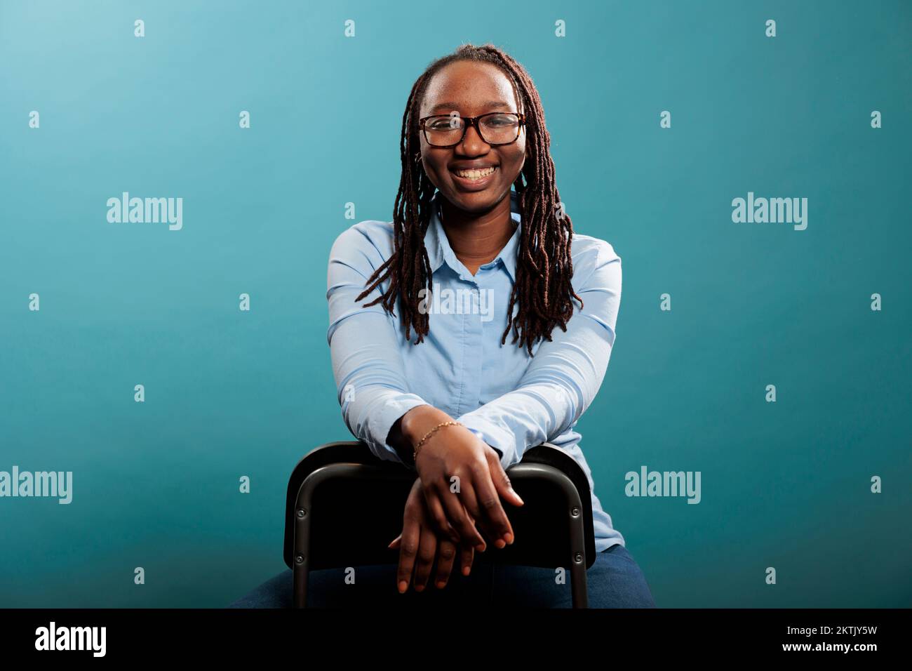 Confident joyful pretty lady with attractive smile and pleased ...