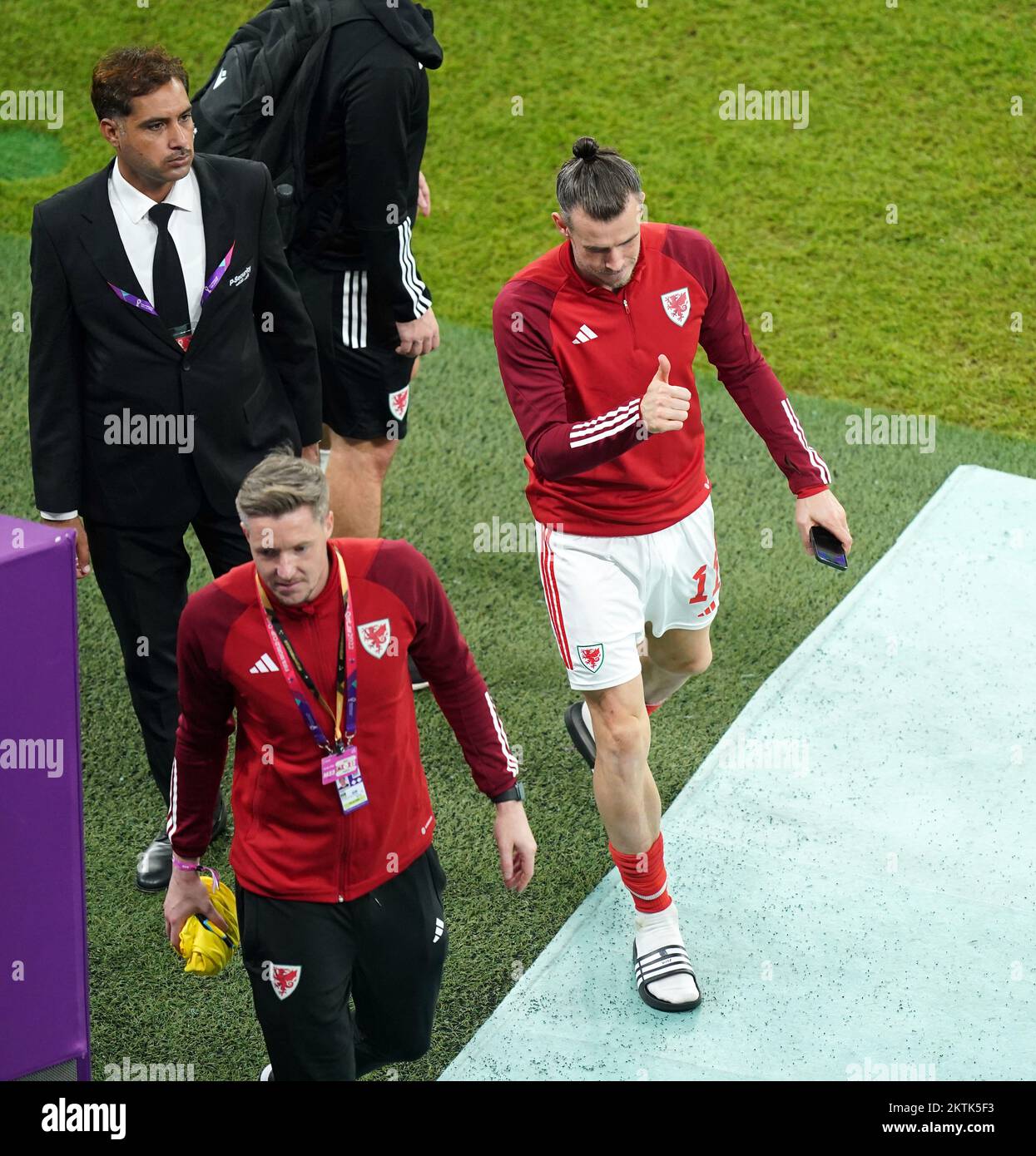 Wales' Gareth Bale gives the thumbs up as he leaves the pitch following ...