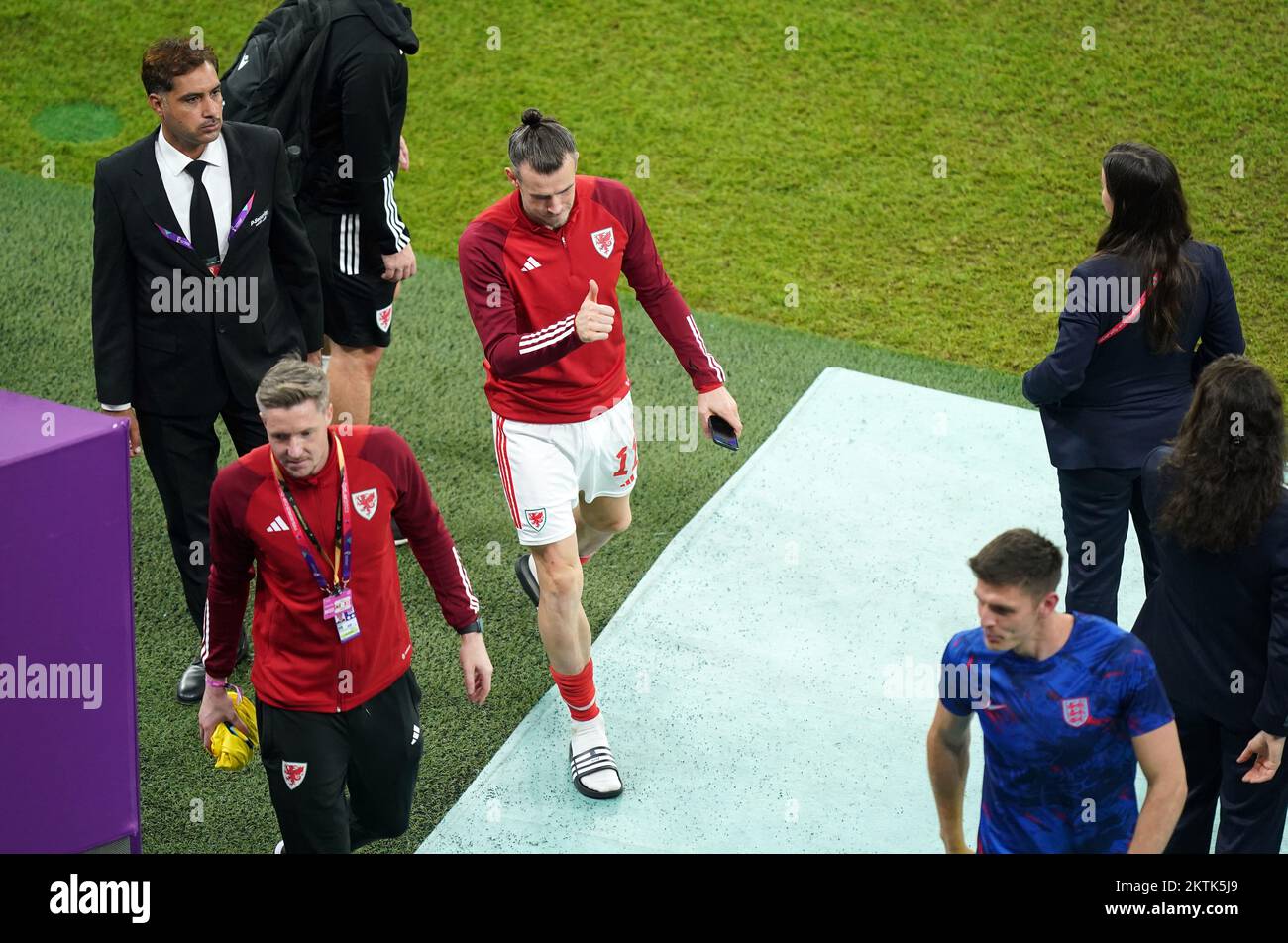 Wales' Gareth Bale gives the thumbs up as he leaves the pitch following ...