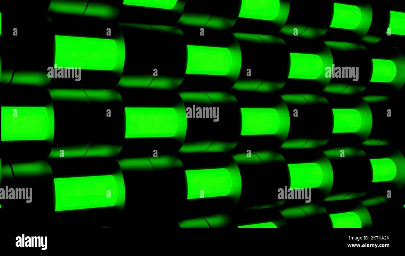 Abstract wall with moving elements along lighted tubes. Design ...