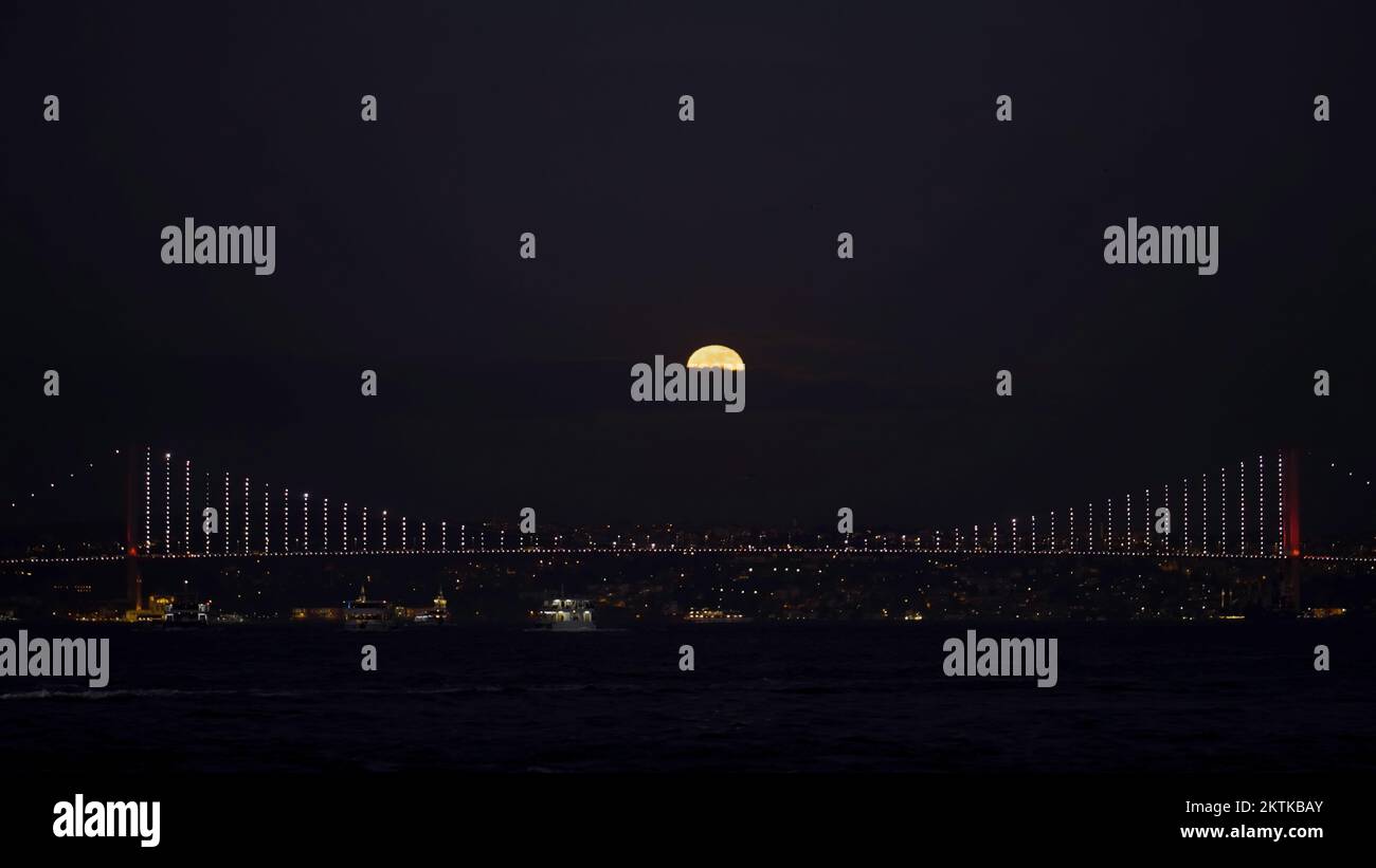 Night background of a big city and river. Action. Beautiful full moon ...