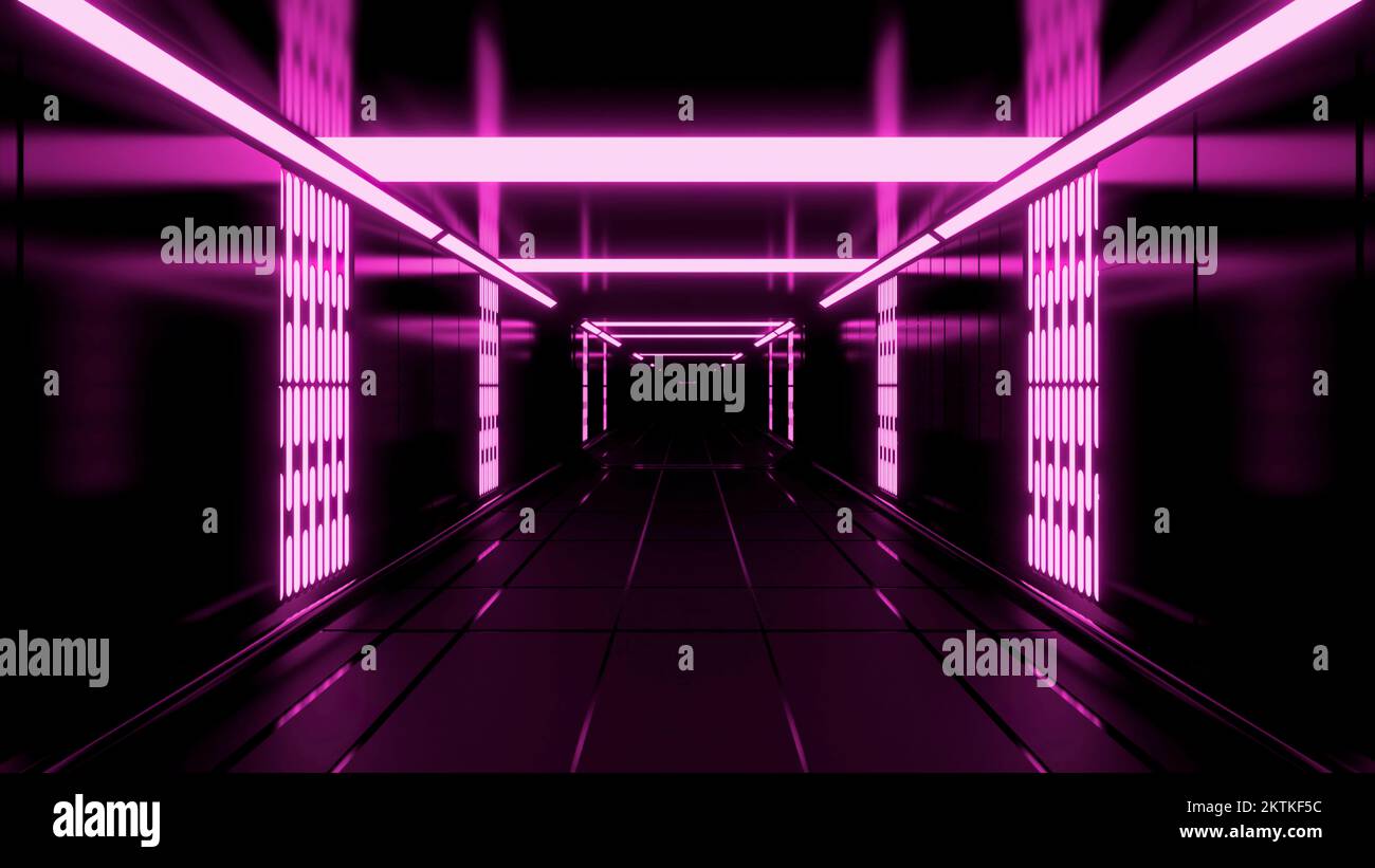 View inside of rectangular shaped underground tunnel with neon lighting ...