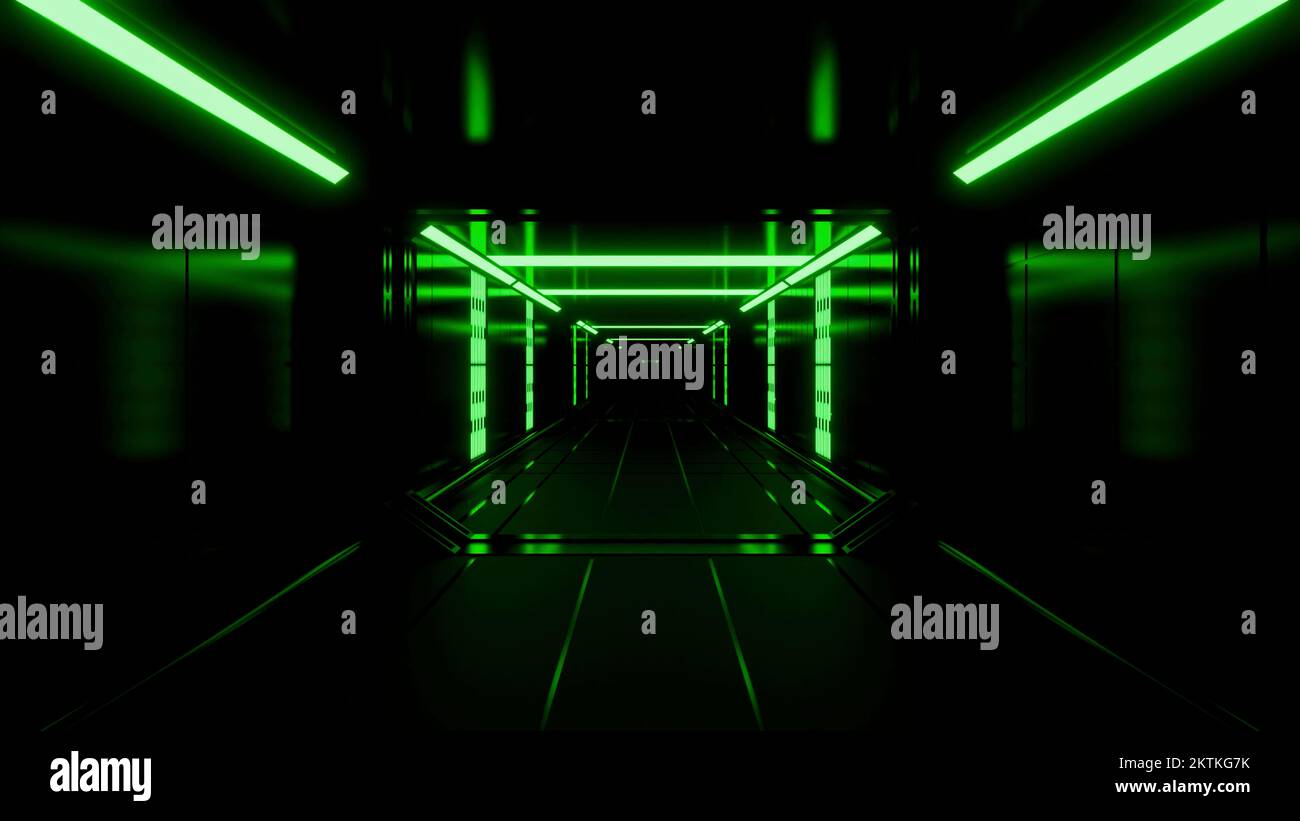 View inside of rectangular shaped underground tunnel with neon lighting ...