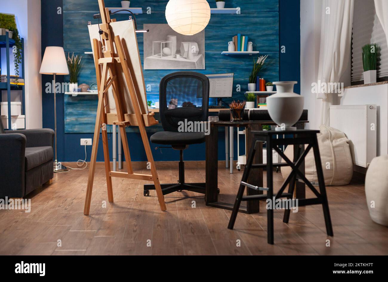 Unmanned workspace of art professional. Creative utensils of visual ...