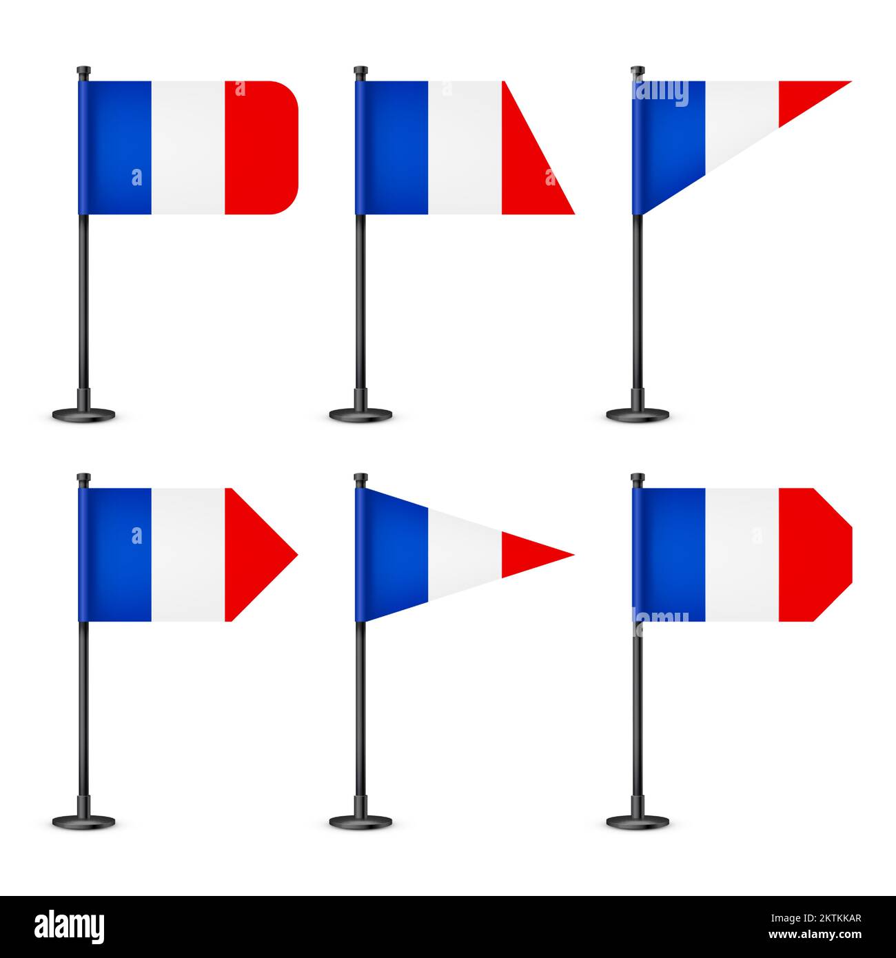 Realistic various French table flags on a black steel pole. Souvenir ...