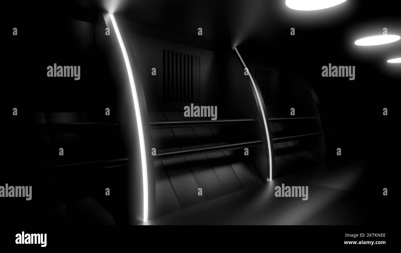 Interior of an underground abstract bunker. Design. Scary dark tunnel ...