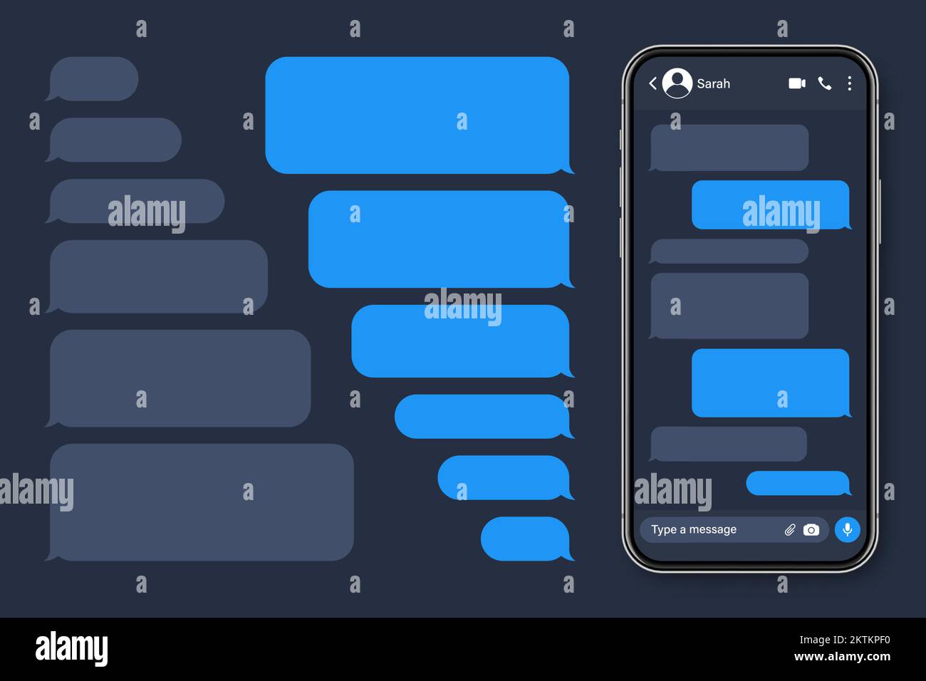 Realistic smartphone with messaging app. Blank SMS text frame ...