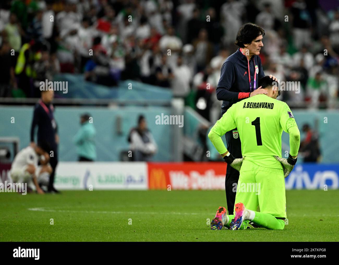 Doha, Qatar. 29th Nov, 2022. Alireza Beiranvand (R), goalkeeper of Iran ...