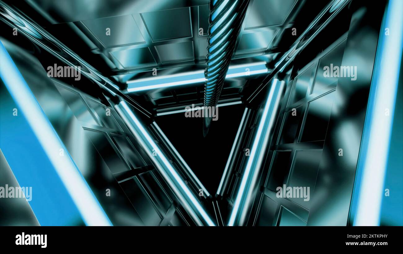 Triangular metal dark tunnel with hanging thick metal cable. Design ...