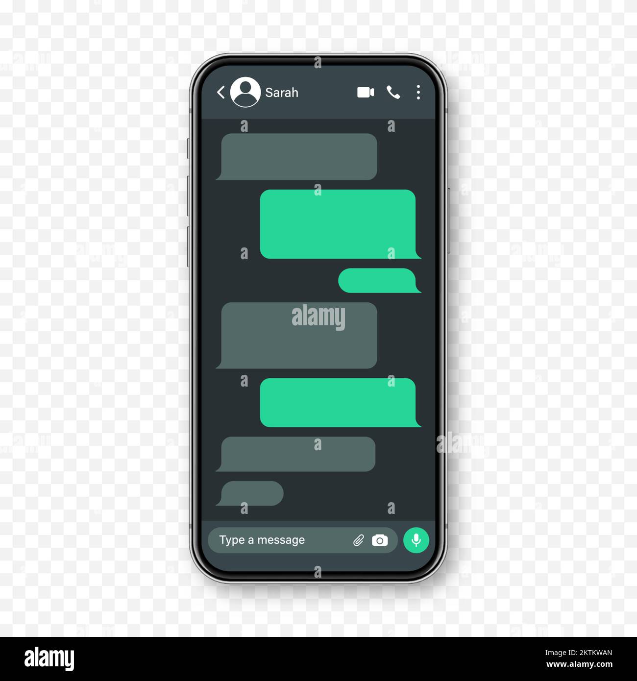 Realistic smartphone with messaging app. Blank SMS text frame ...