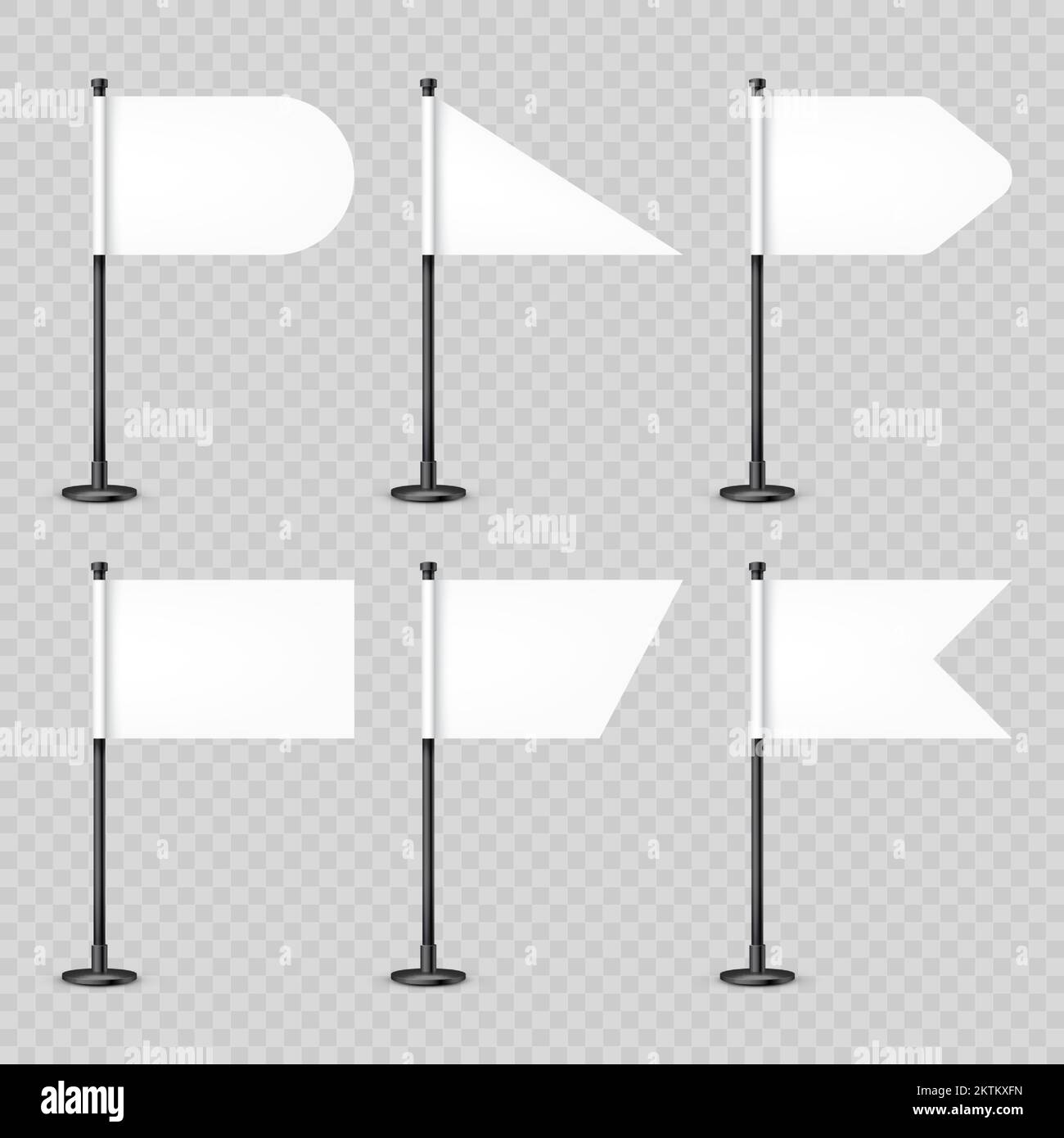 Realistic various table flags on a steel pole. Blank white desk flag ...