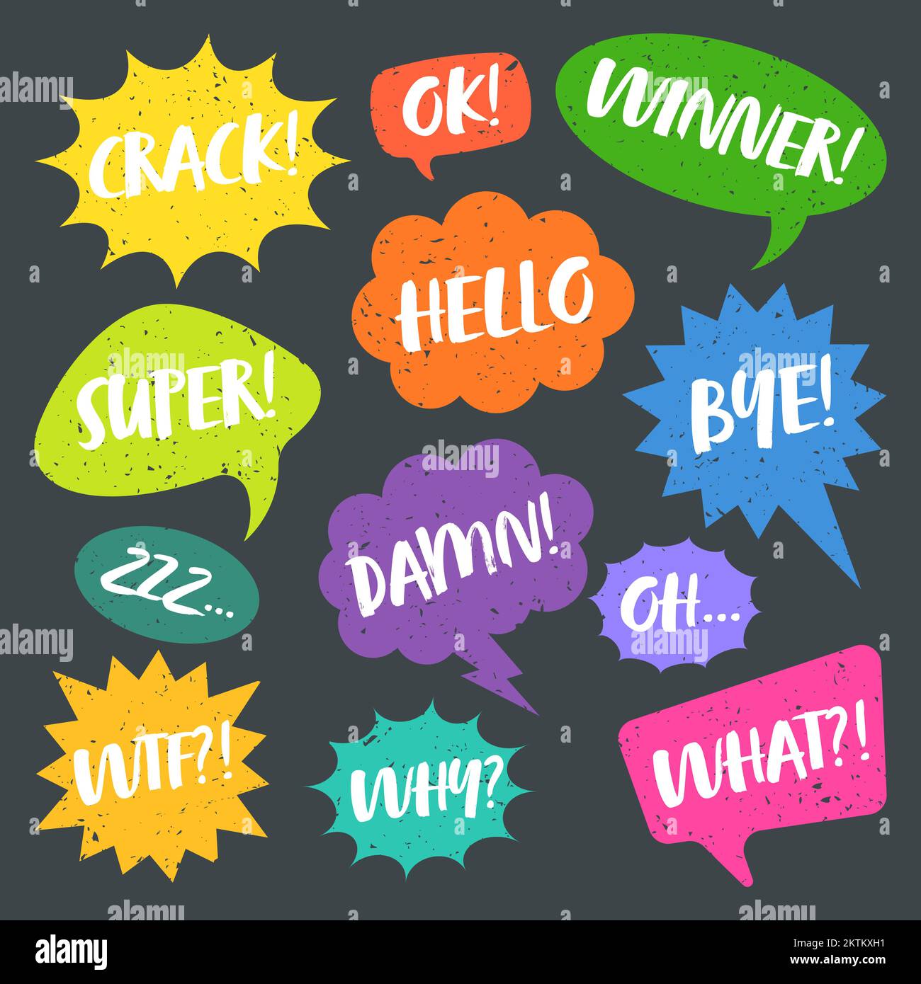 Colorful grunge comic speech bubbles with handwritten text. Hand drawn ...