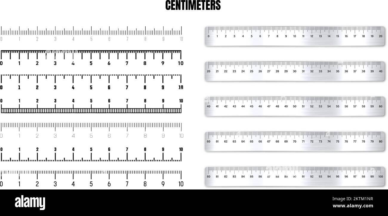 Realistic metal rulers with black centimeter scale for measuring length ...