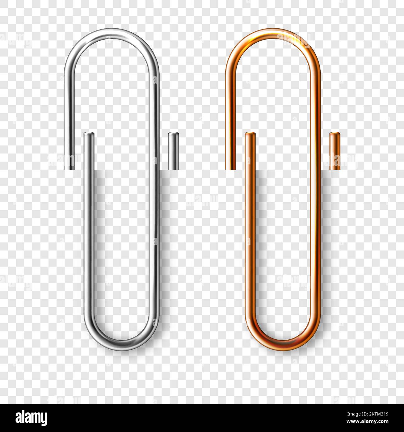 Realistic copper and steel paperclips attached to paper. Shiny metal ...