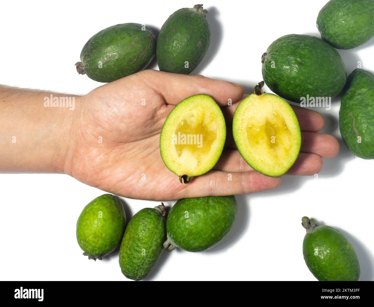 Feijoa fruits in the palm of your hand. On a white background. Healthy ...