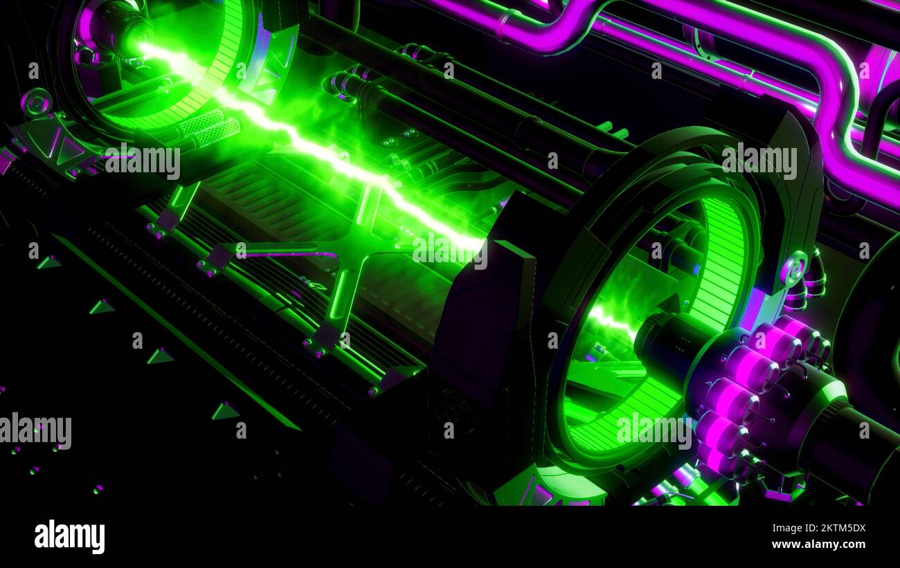 3D futuristic a detail of electromagnetic machine with gravitational ...