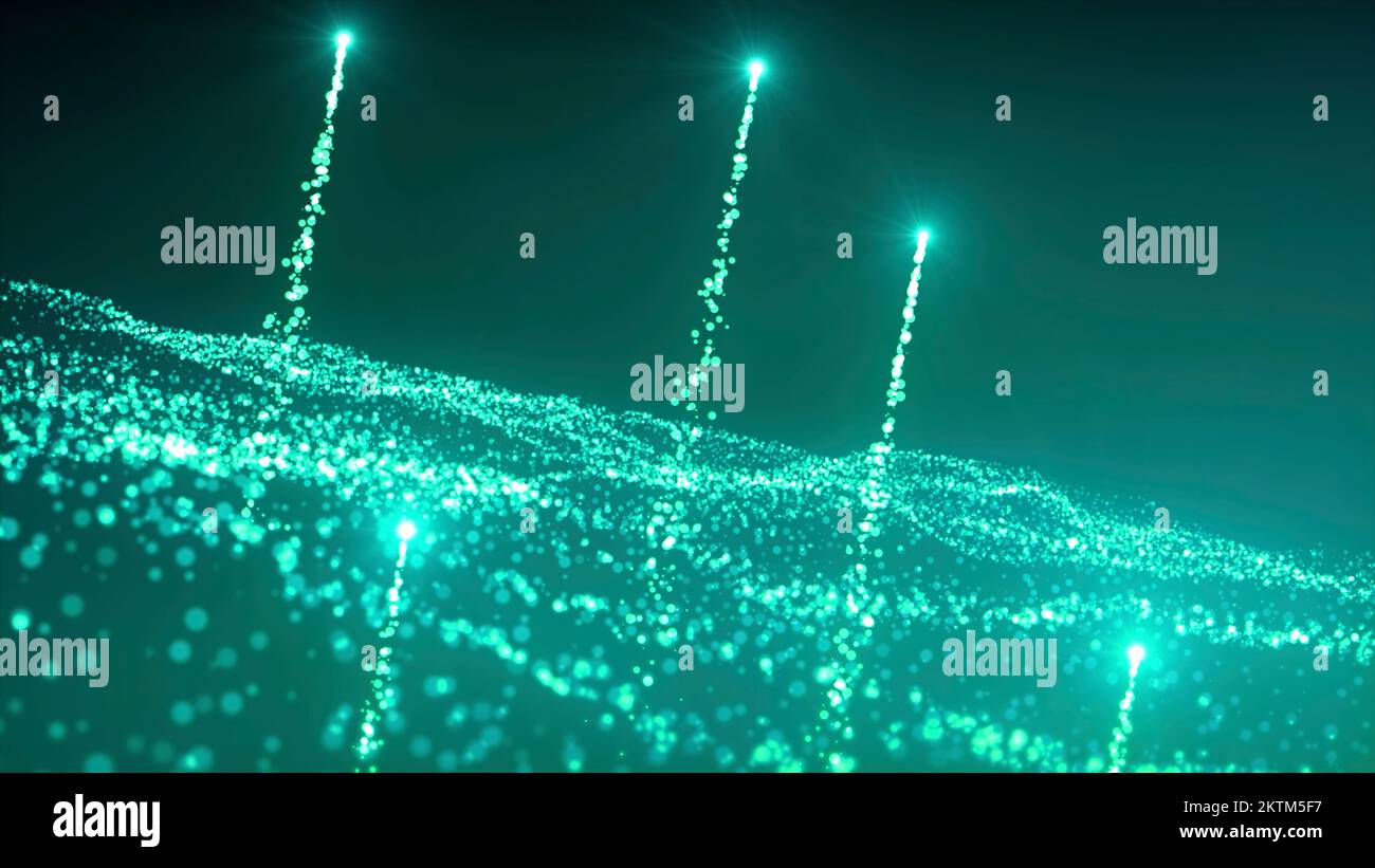 Abstract turquoise field of stars in wavy motion. Motion. Flying comets ...