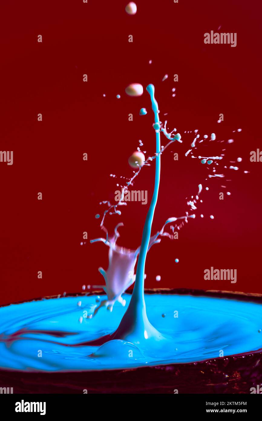collision of moving water drops of blue color on a purple red ...