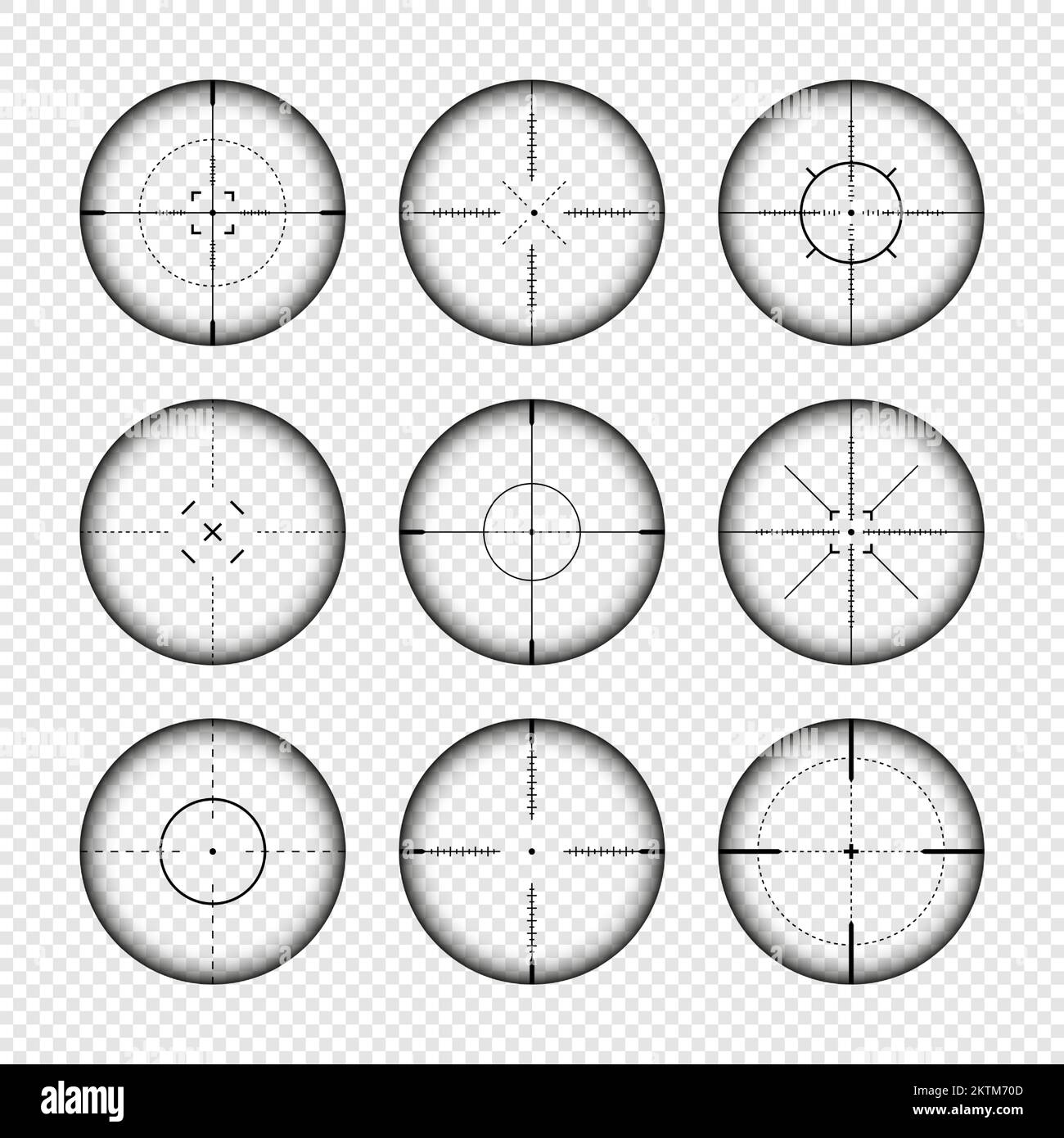 Various weapon sights, sniper rifle optical scopes. Hunting gun ...