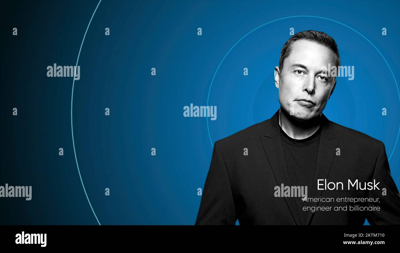 Monochrome portrait of Elon Musk scientist on blue spreading rings ...