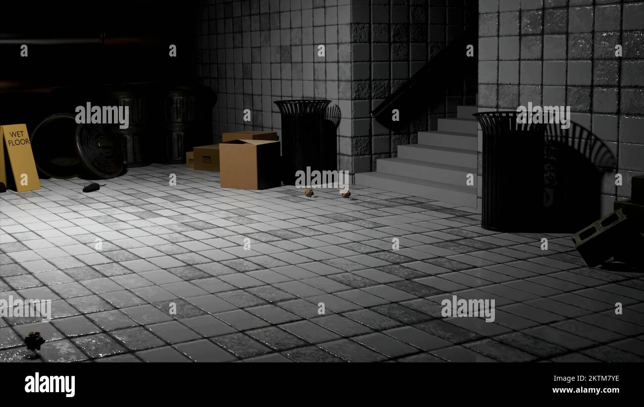 Abstract underground bunker with stones falling down the stairs. Design ...