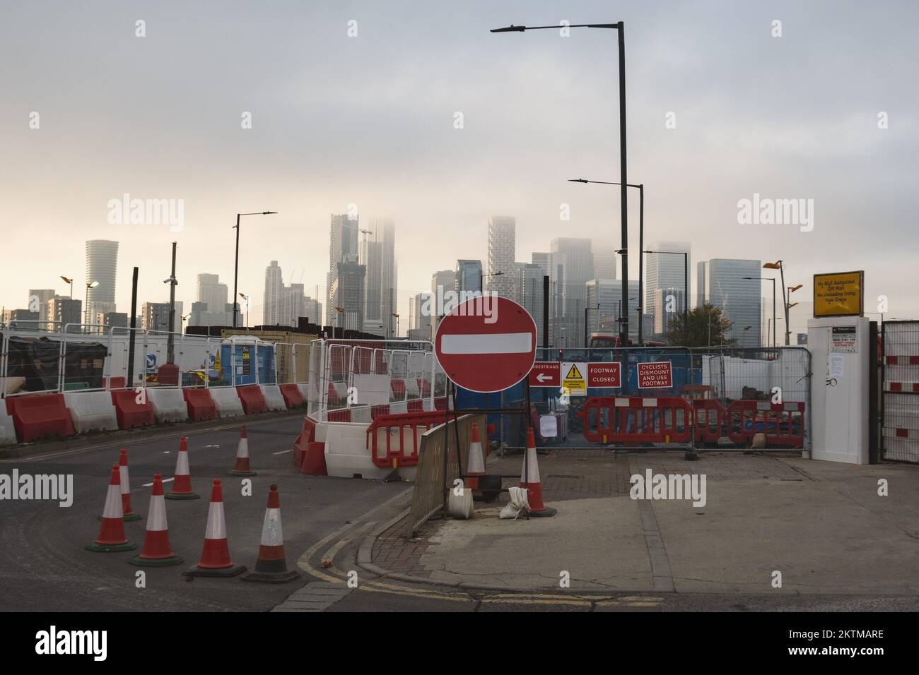 Roadworks and no entry sign in North Greenwich, London, with Canary ...