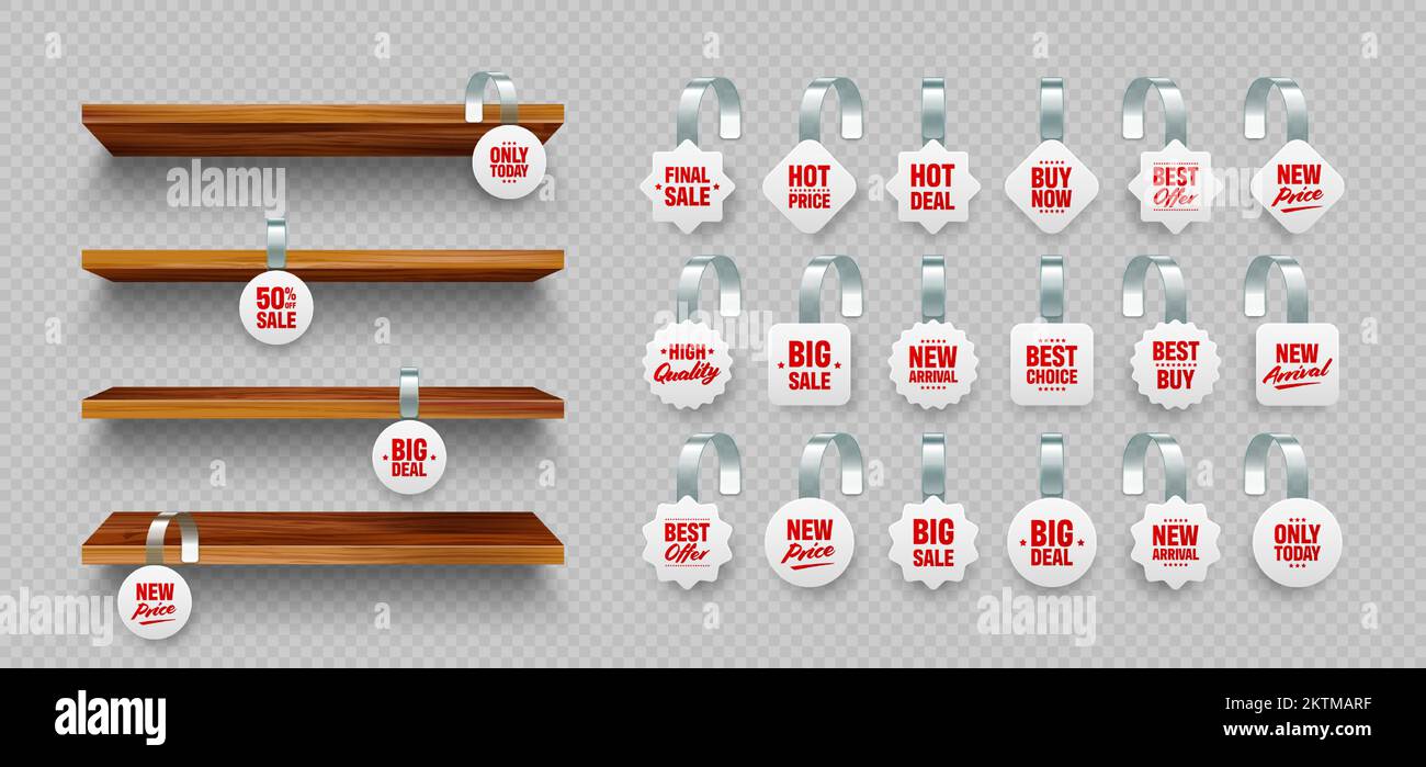 Wooden store shelves with supermarket promotional wobblers. Product ...