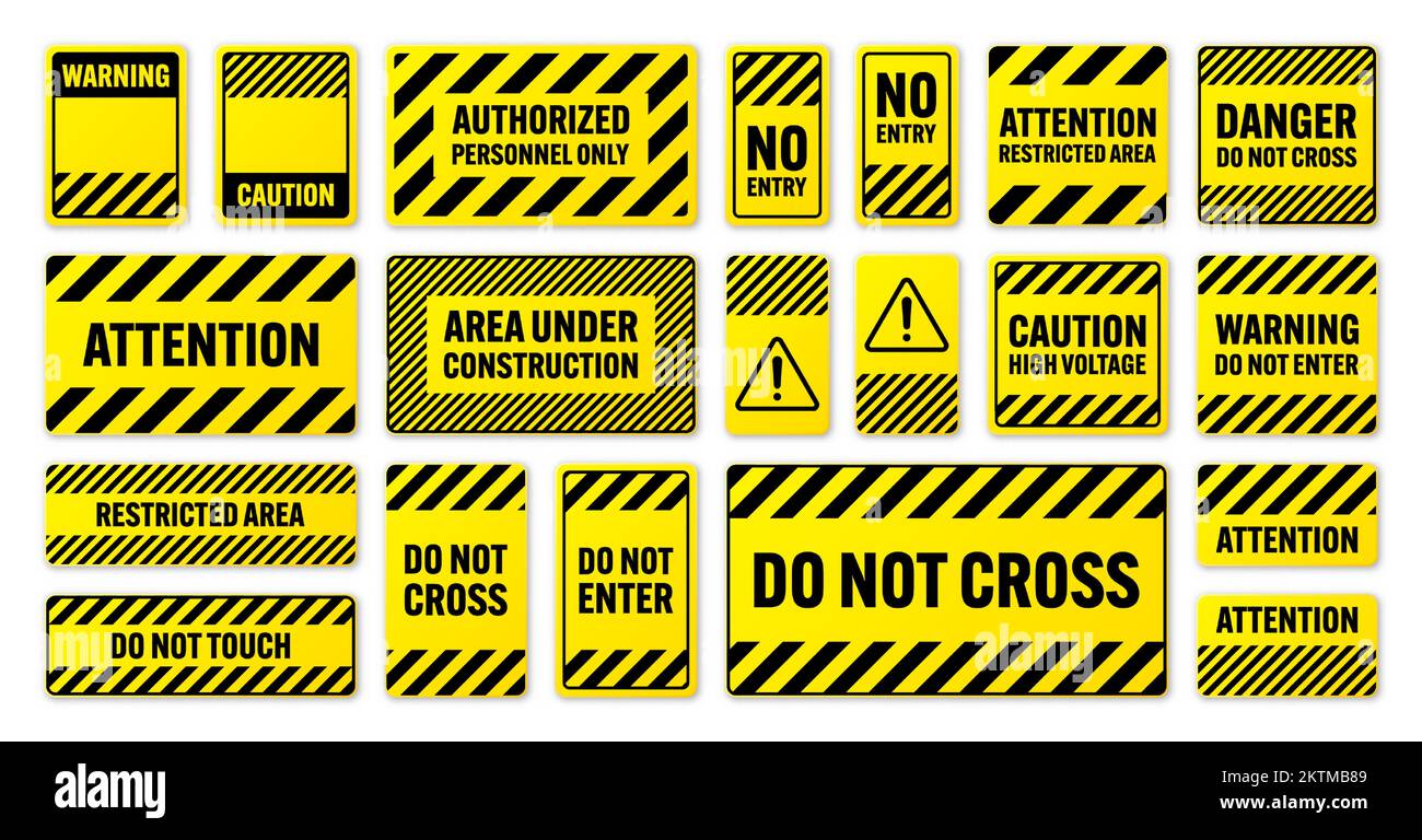 Various black and yellow warning signs with diagonal lines. Attention ...