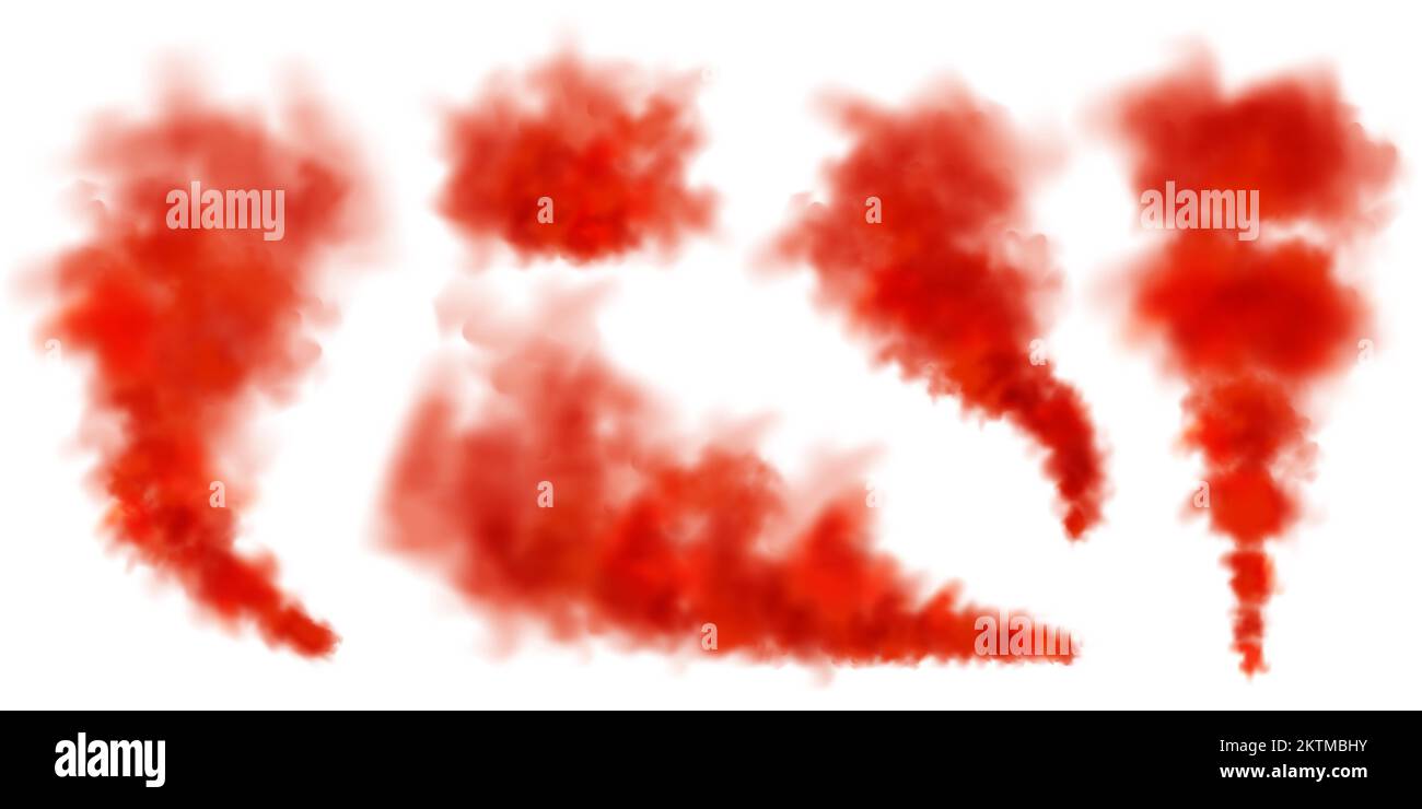 Red colorful smoke clouds isolated on white background, realistic mist ...