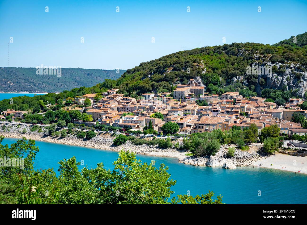 Panoramic aerial view of blue St. Croix lake in Verdon near Bauduen ...