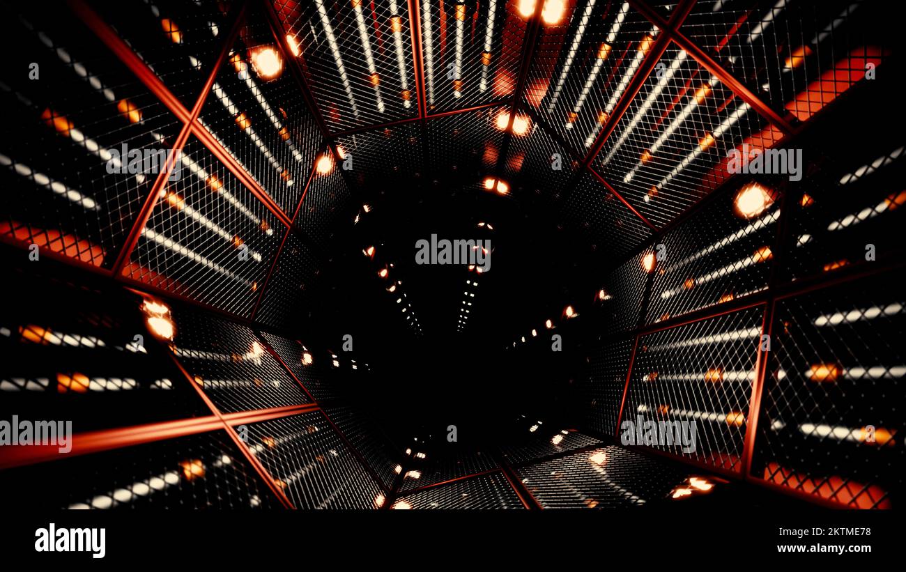 Fly through mirror tunnel with technological pattern. Design. 3D ...