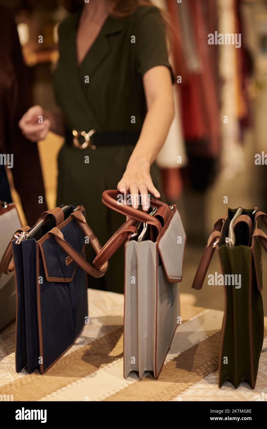 Woman buying bag from new collection when shopping in fashion boutique ...