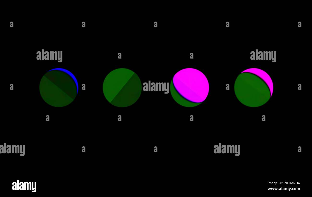 Abstract four same size circles in one row blinking and changing colors ...