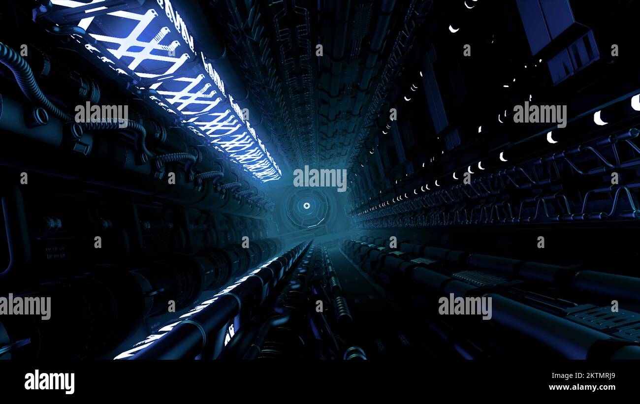 3d view inside of International space station. Motion. Flying inside ...