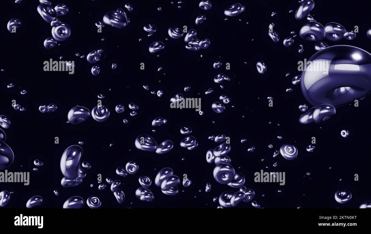 Floating metal bubbles in a shape of bagel on a black background ...