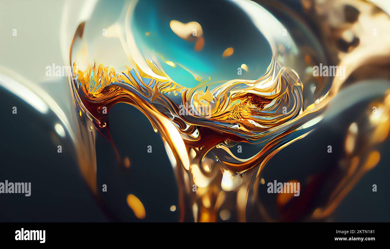 Abstract amber and gold paint splatter background. Fluid shapes ...