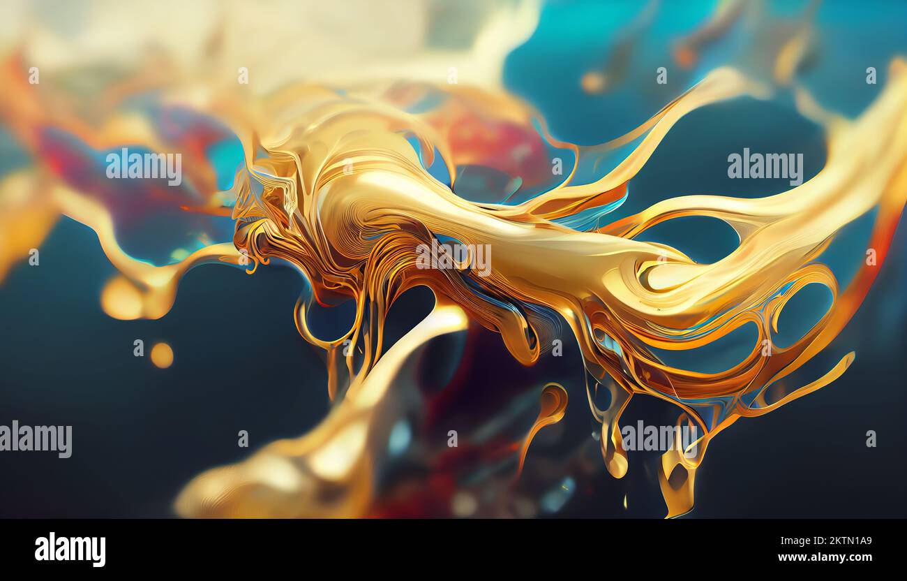Abstract amber and gold paint splatter background. Fluid shapes ...