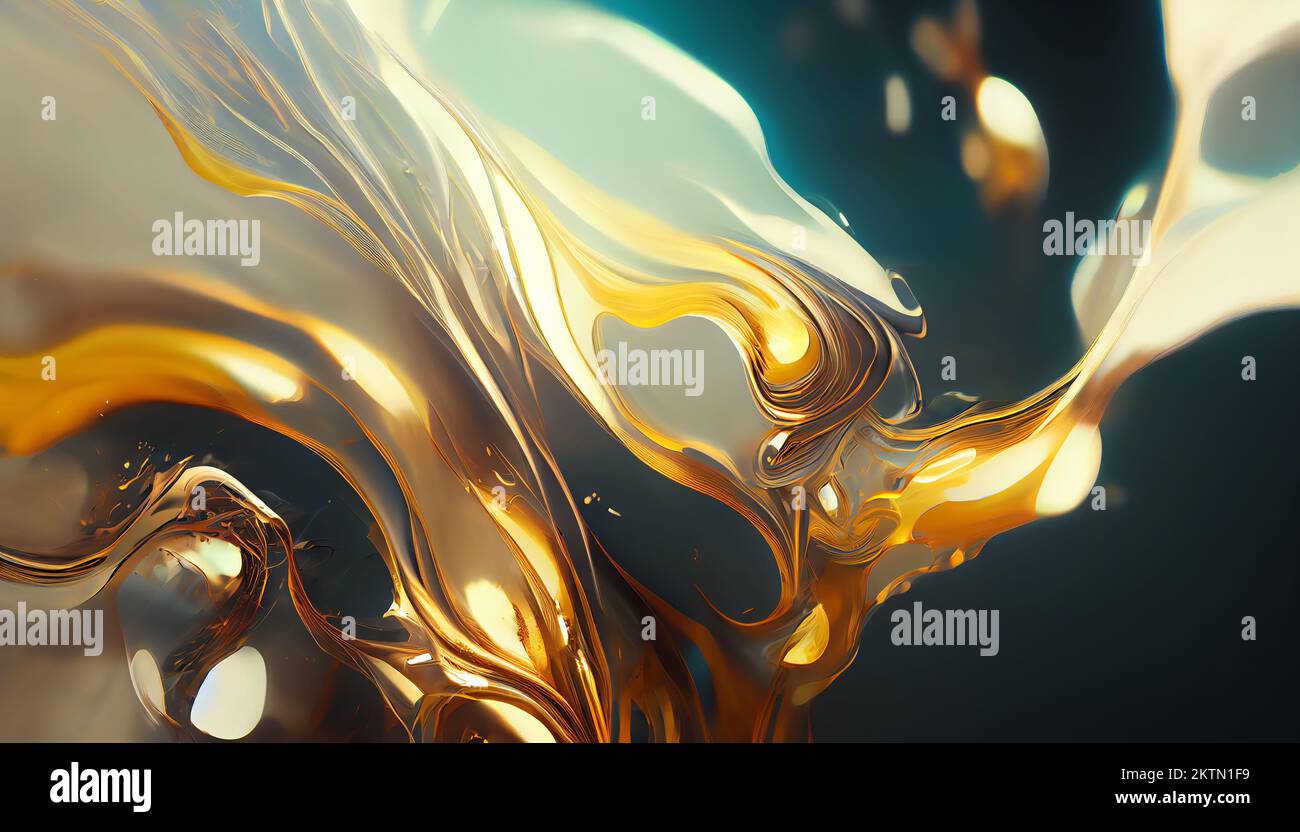Abstract amber and gold paint splatter background. Fluid shapes ...