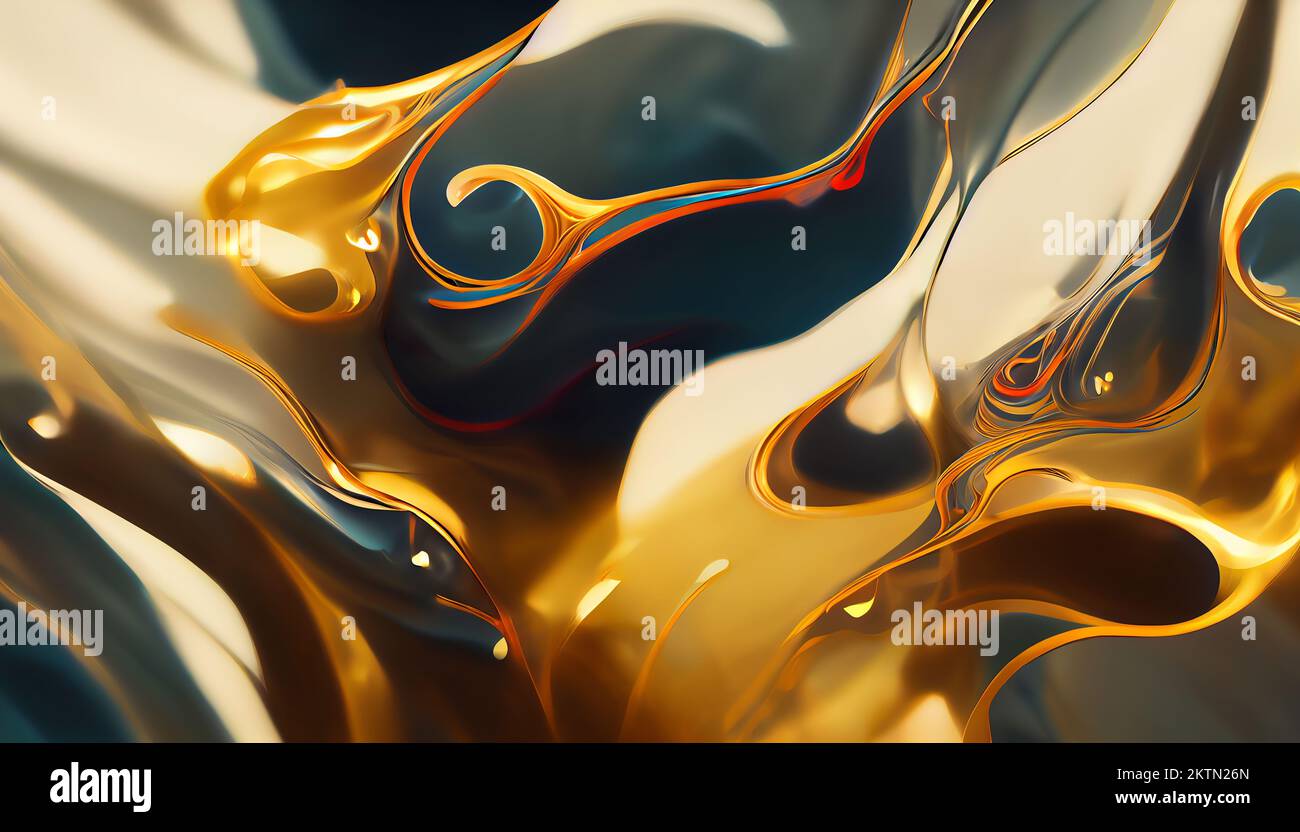 Abstract amber and gold paint splatter background. Fluid shapes ...