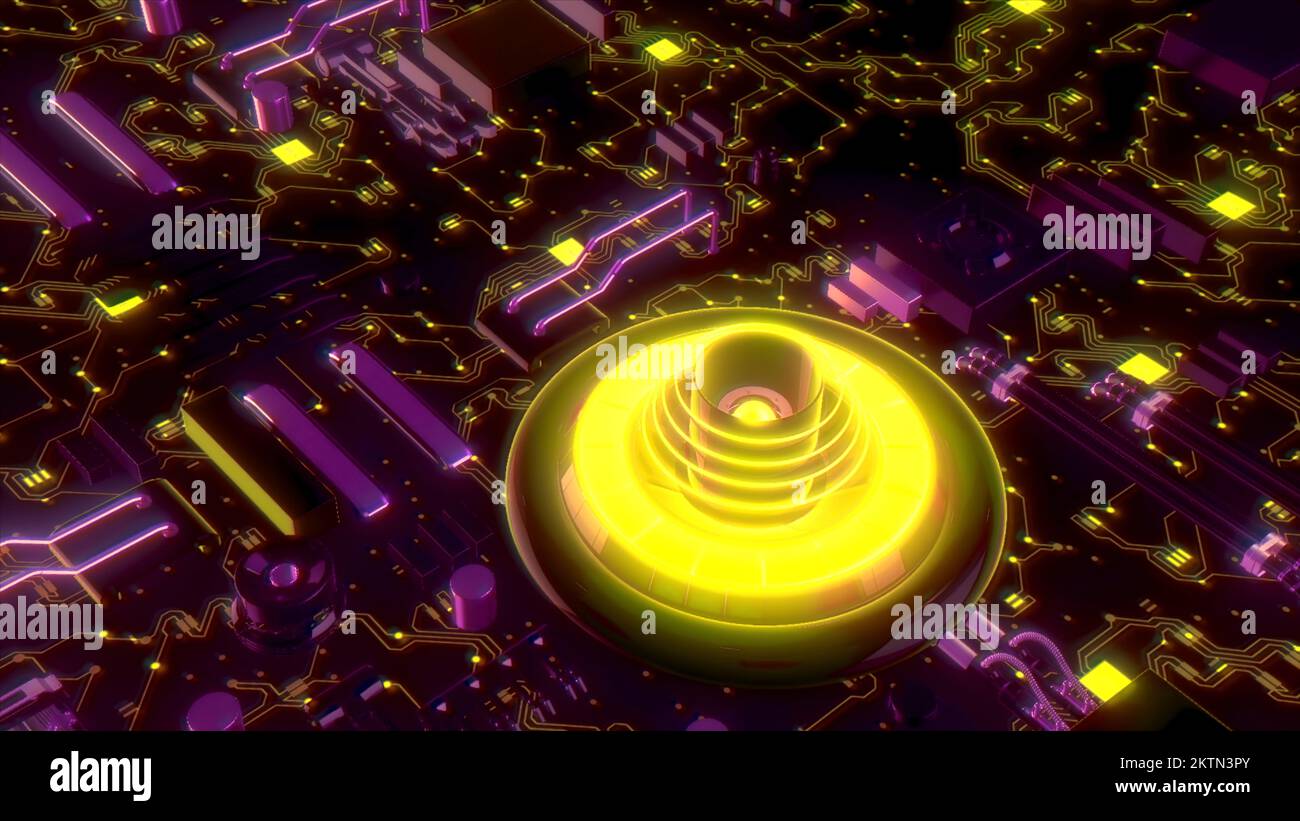 Neon Computer Chip System Motion Futuristic Computer Technology System With Neon Lines And